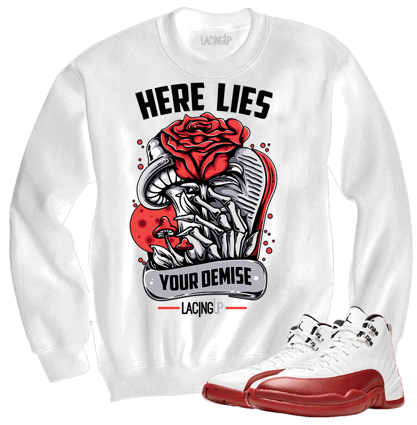 Jordan 12 Cherry Demise White Crewneck Sweater Lacing Up SneakerOutfits jordan-12-cherry-demise-white-crewneck-sweater-lacing-up-sneakeroutfits
